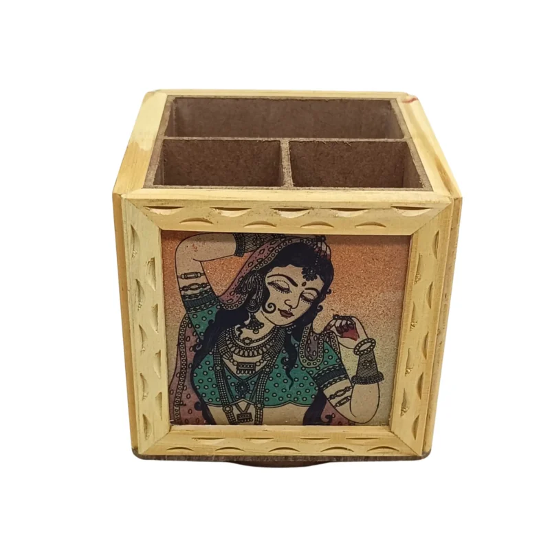 Handmade Wooden Revolving Pen Stand 3 Compartments Gemstone Painting ...